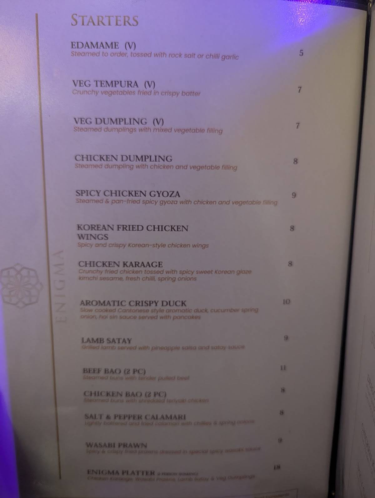 Menu at Enigma Pan Asian restaurant, Ilford