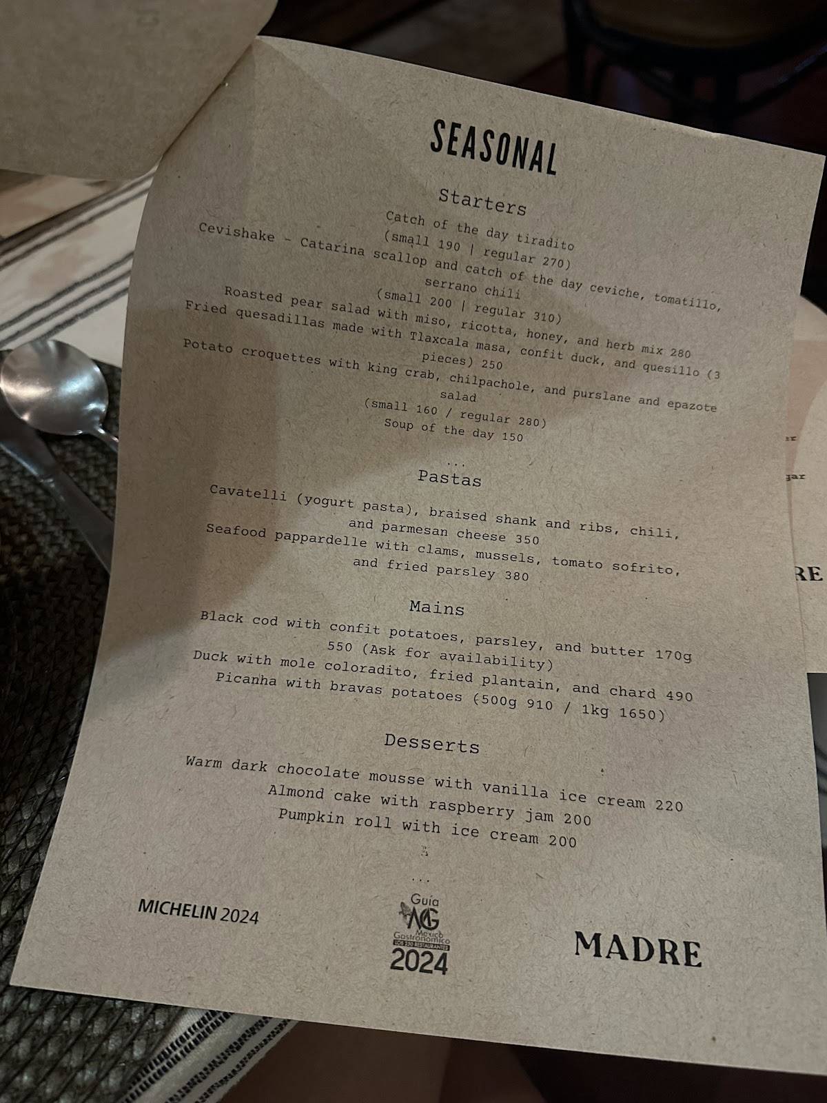 Menu at Cocina Madre restaurant, Ensenada