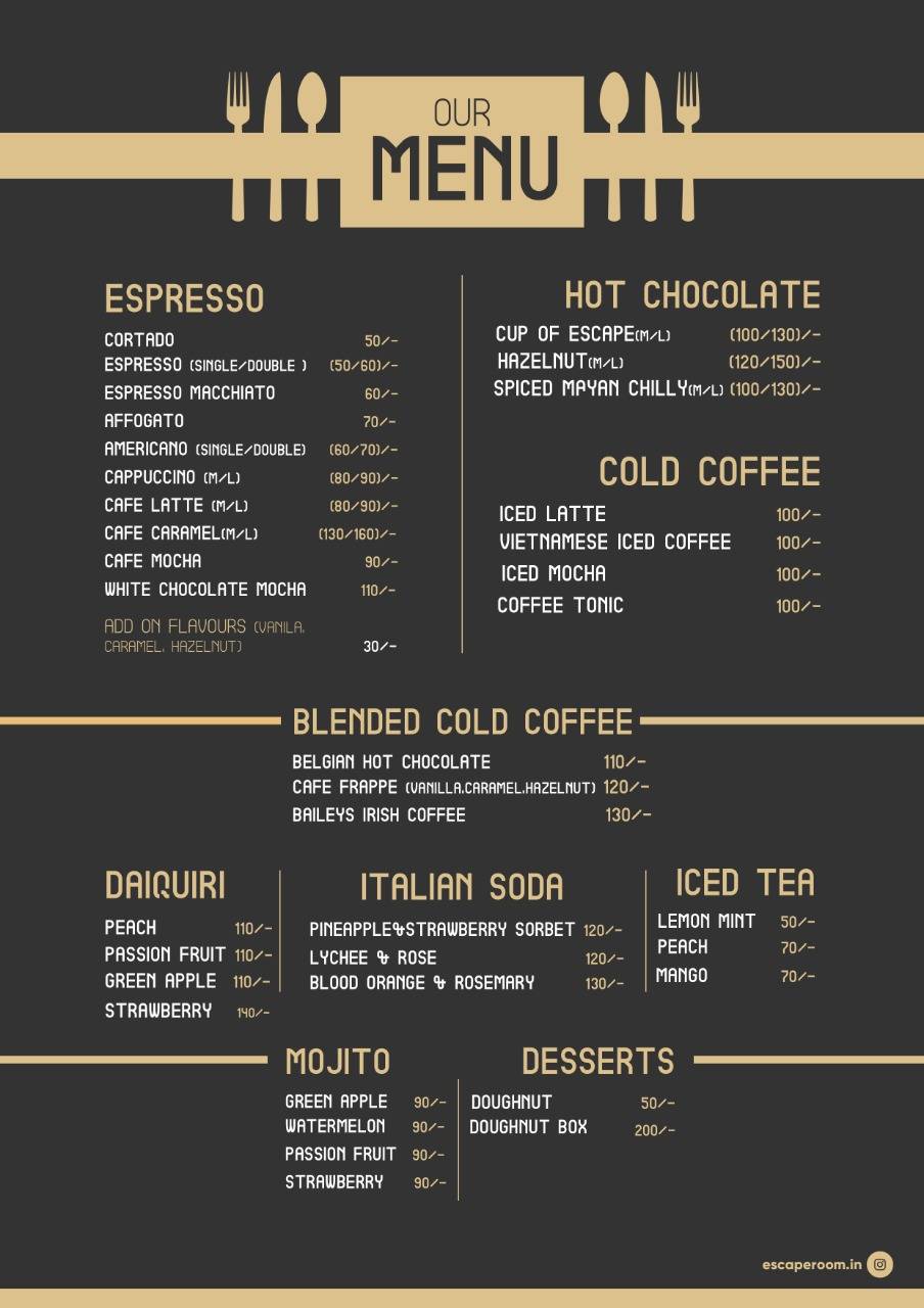 Menu at Escape Room, Tirur