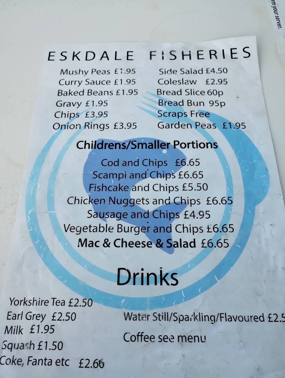 Menu at Eskdale Fisheries fast food, Whitby
