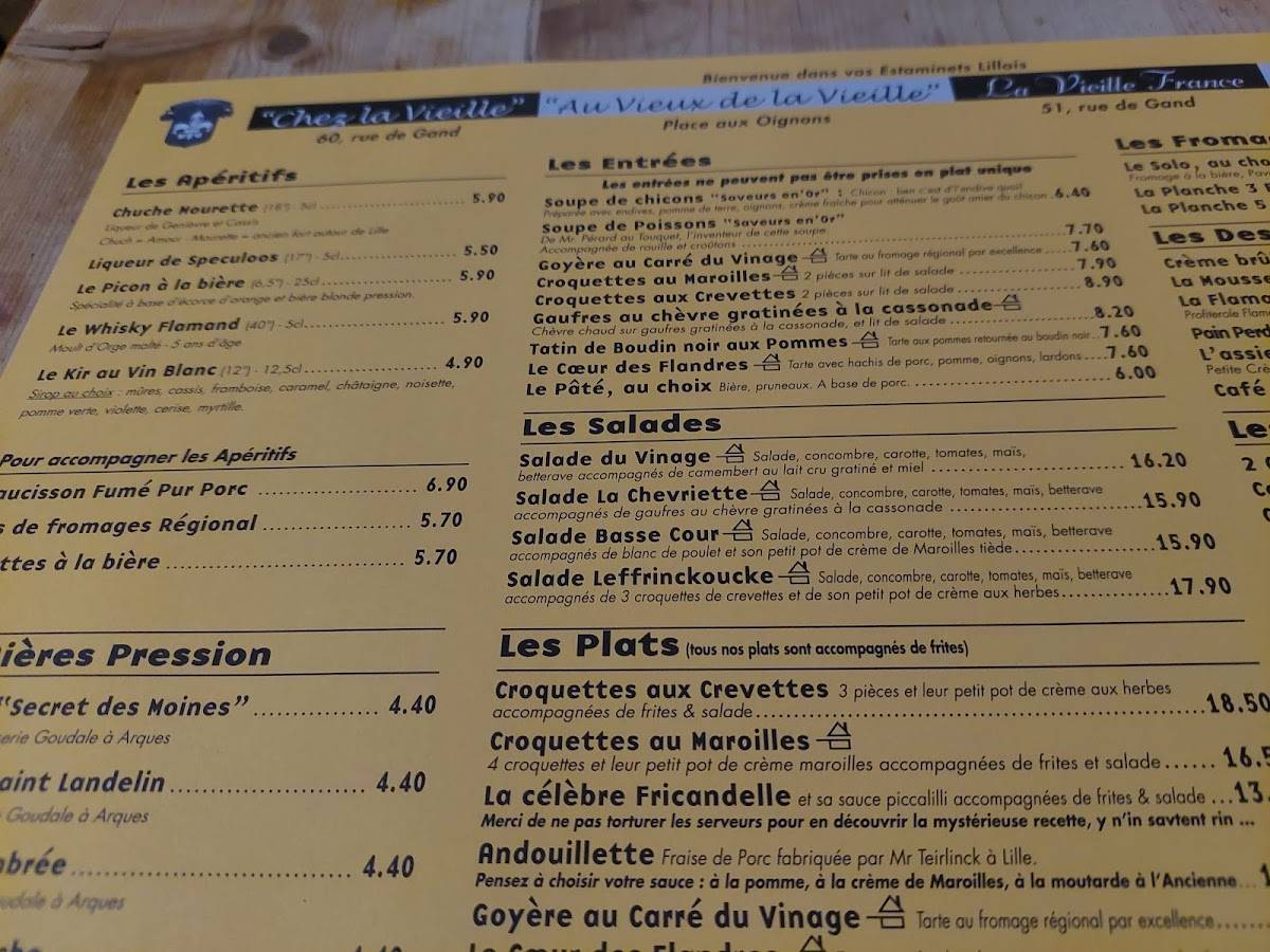 Menu au Estaminet Chez La Vieille restaurant, Lille, 60 Rue de Gand