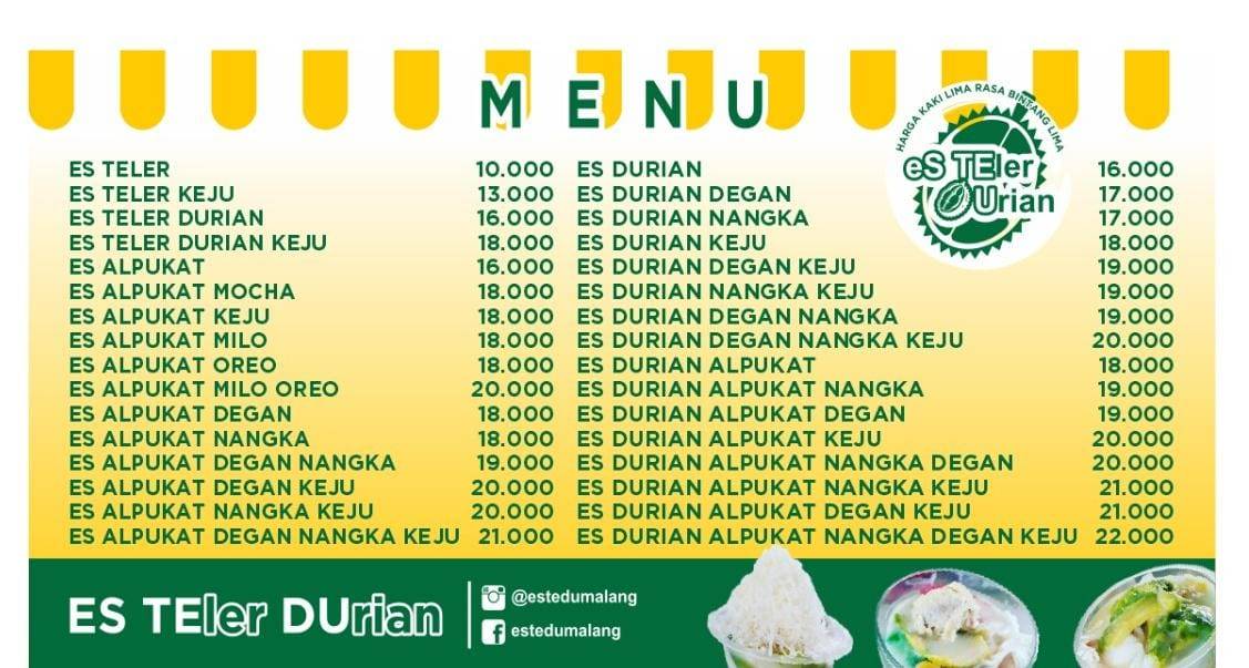 Carta del café Estedu Malang (Es Teler Durian) - Kalpataru, Malang