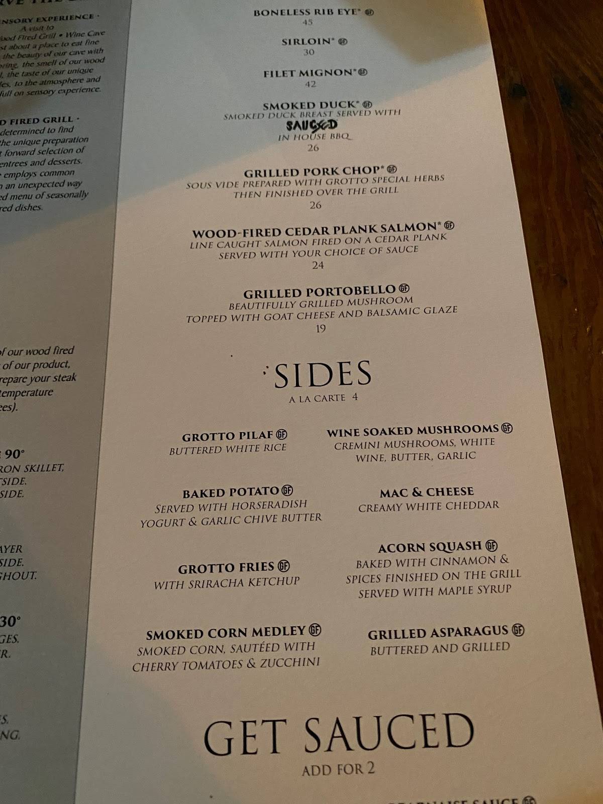 Menu at Grotto Wood-Fired Grill and Wine Cave pub & bar, Eureka Springs