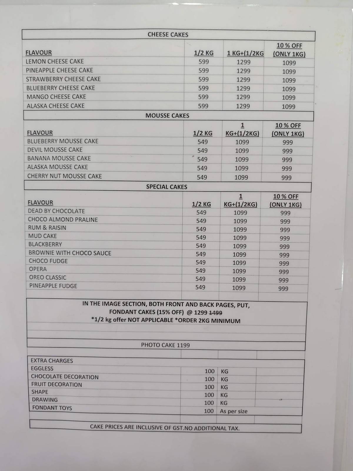 Menu at FB Cakes Adambakkam, Chennai, Vellalar St