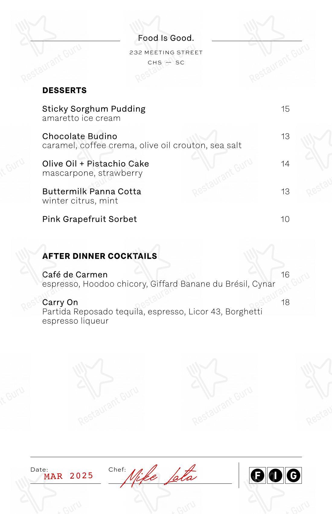 Menu at FIG pub & bar, Charleston
