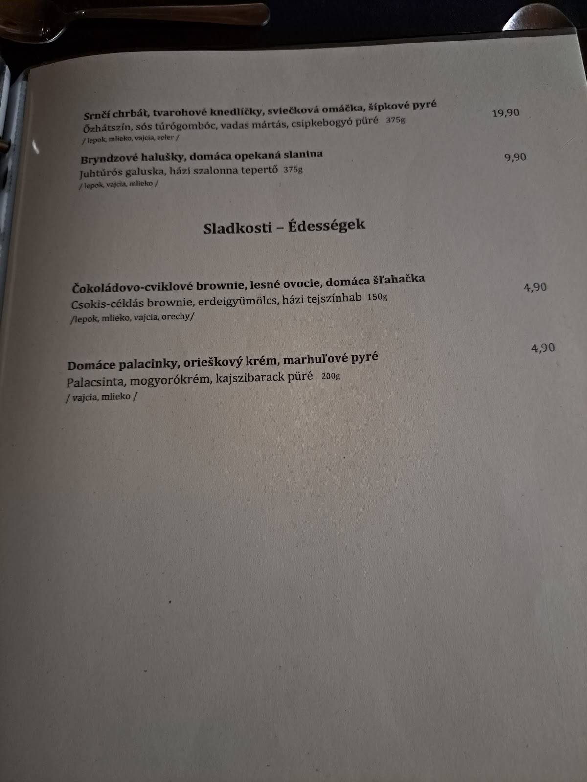 Menu at FŐNIX restaurant, Komárno