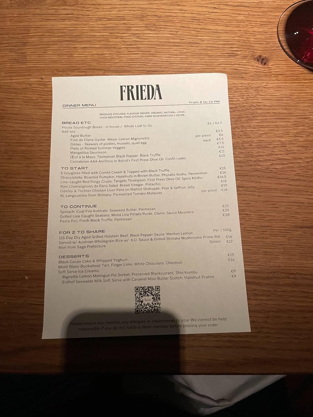 Menu at FRIEDA restaurant, Berlin