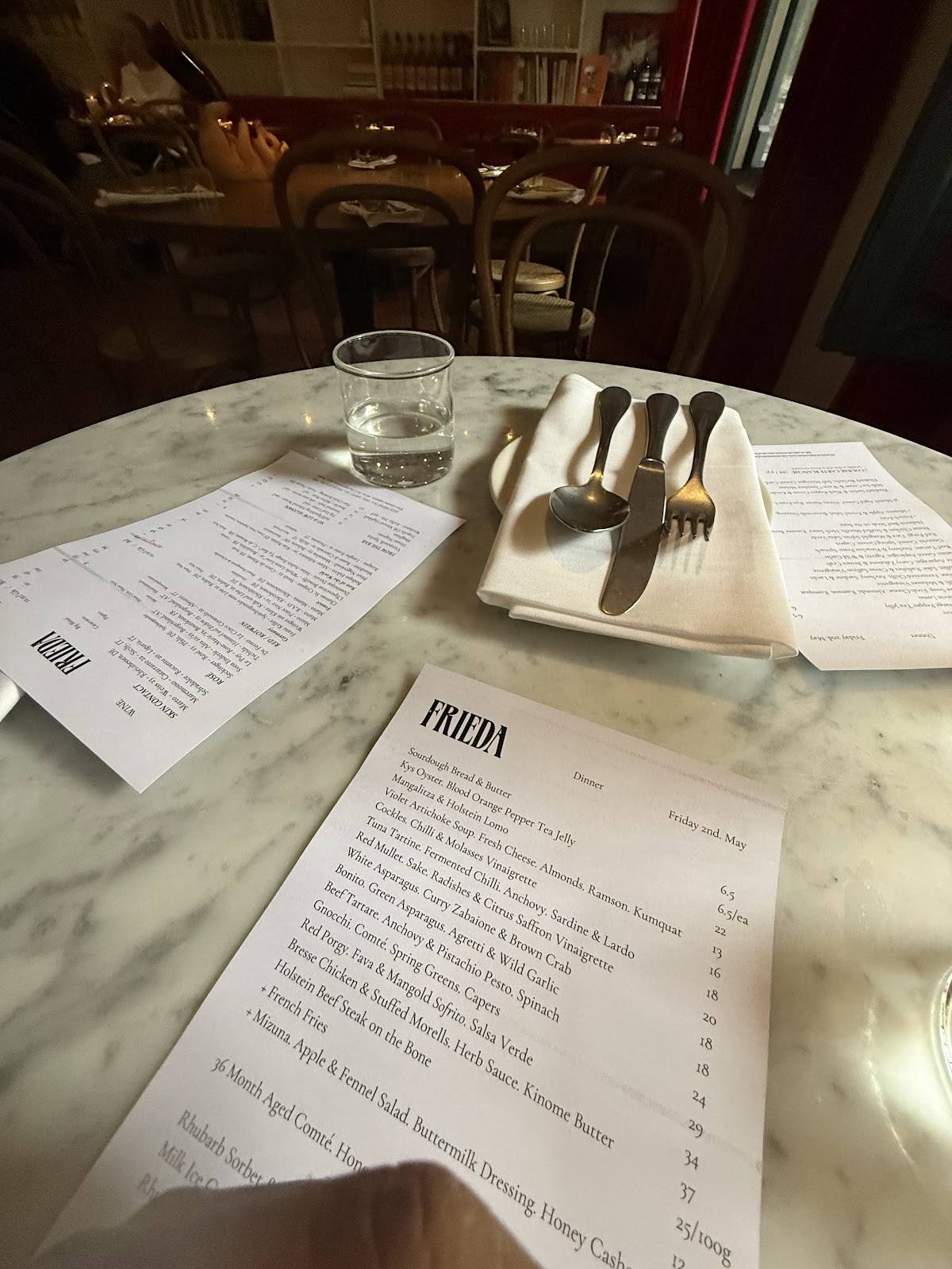 Menu at FRIEDA restaurant, Berlin, Lychener Str. 37
