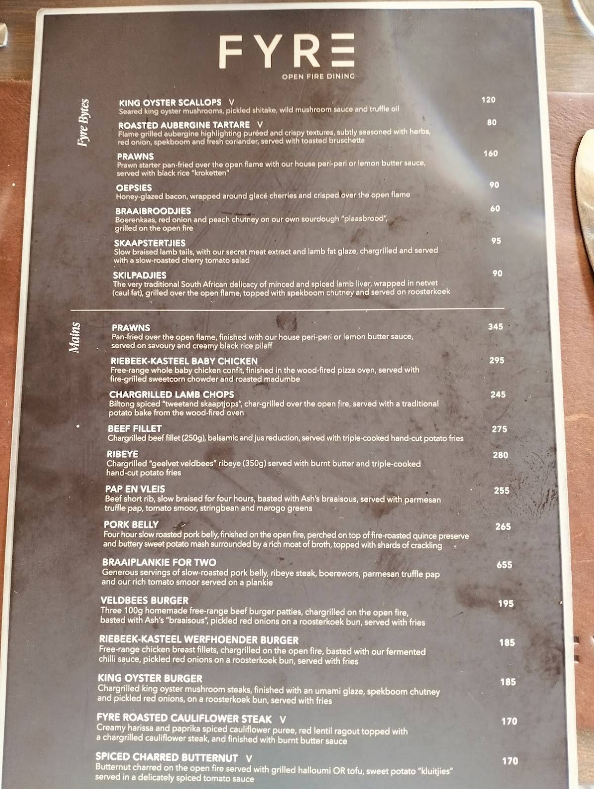 Menu at FYRE Dining restaurant, Paarl