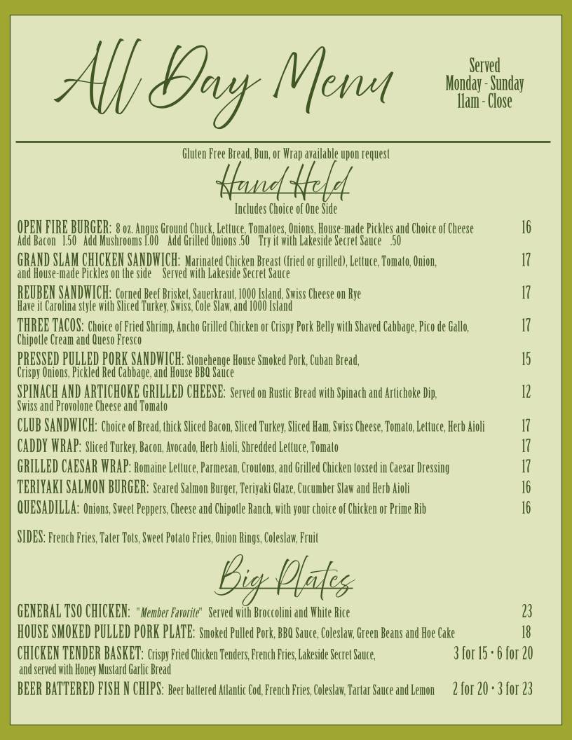 Menu at Stonehenge Grille restaurant, Fairfield Glade, 222 Fairfield Blvd