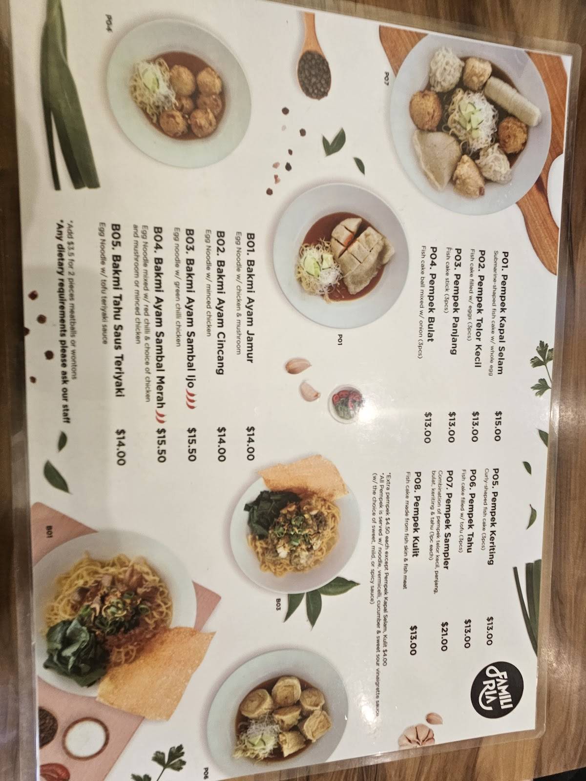 Menu at Famili Ria restaurant, Surrey Hills