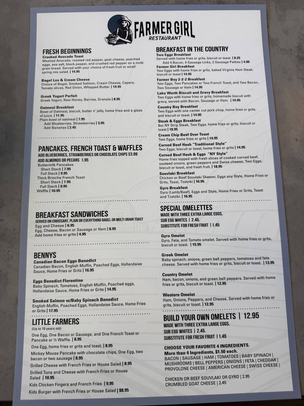 Menu at Farmer Girl Restaurant, Lake Worth