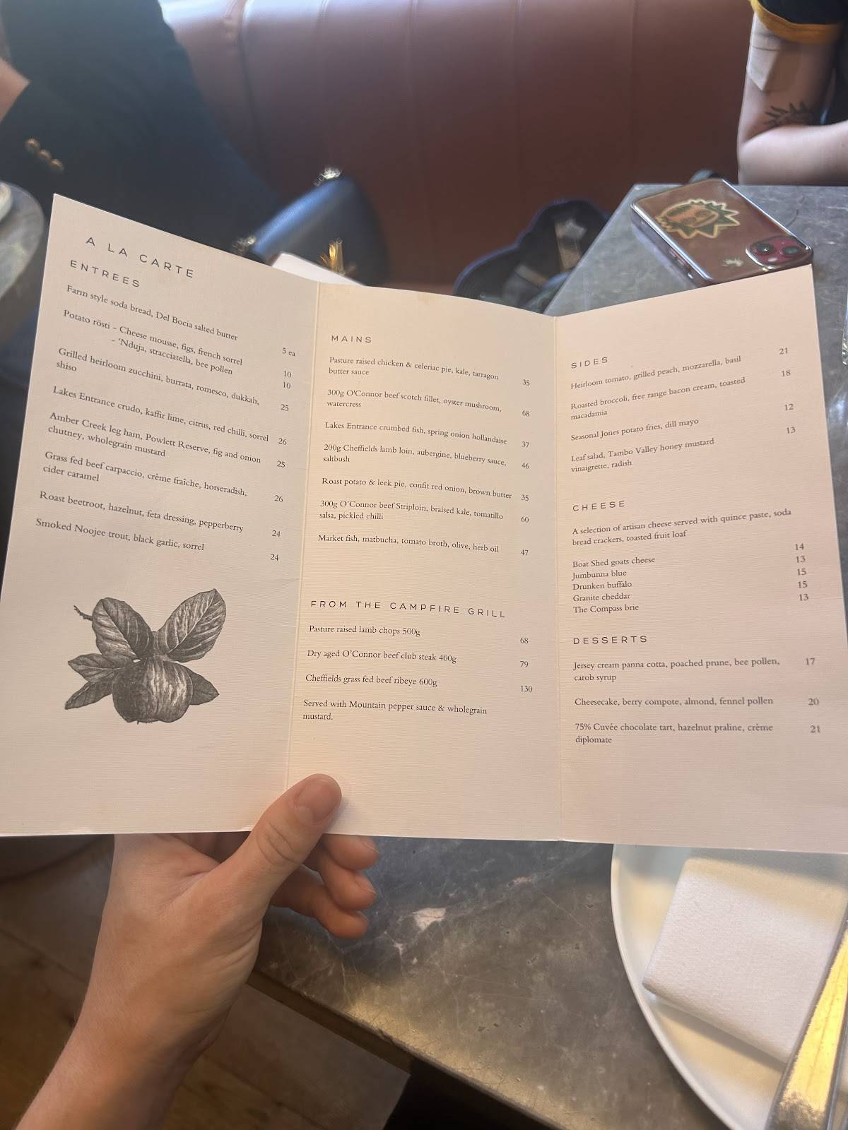 Menu at Farmer's Daughters restaurant, Melbourne