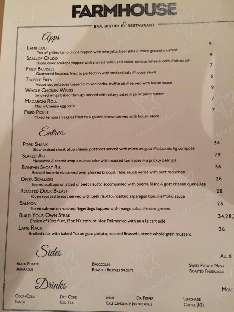 Menu at Farmhouse restaurant, Yuma
