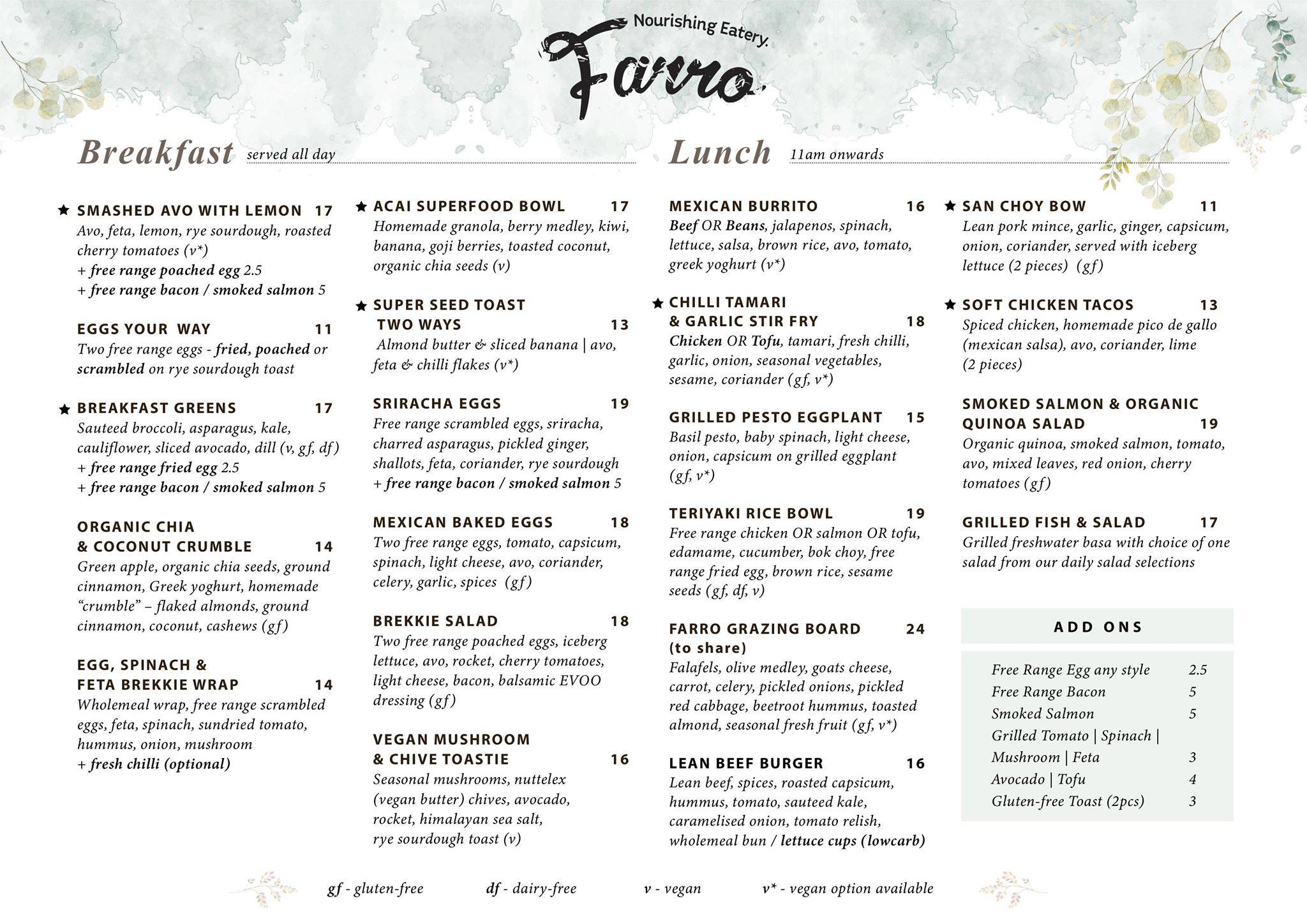 Menu at Farro Nourishing Eatery cafe, Moorabbin