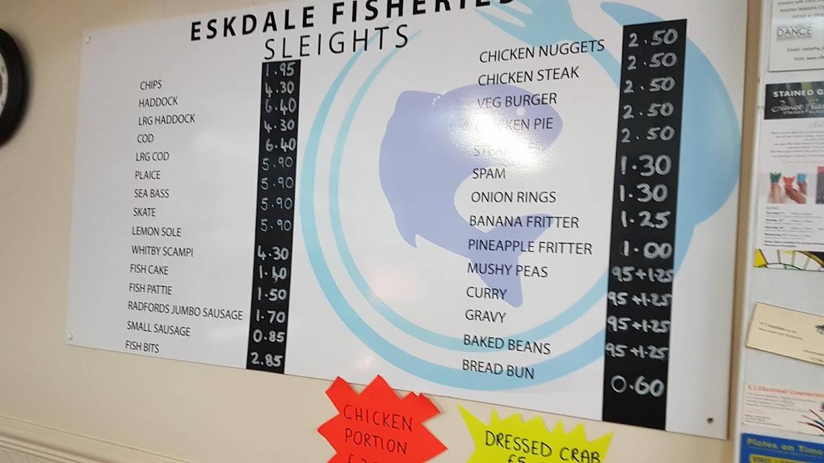 Menu at Eskdale Fisheries fast food, Whitby