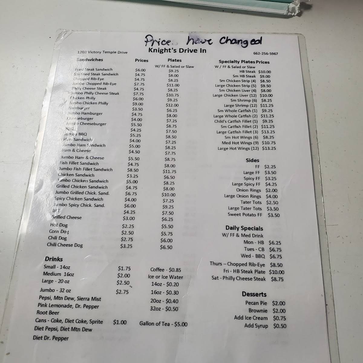Menu at Knight's Drive-In fast food, Amory