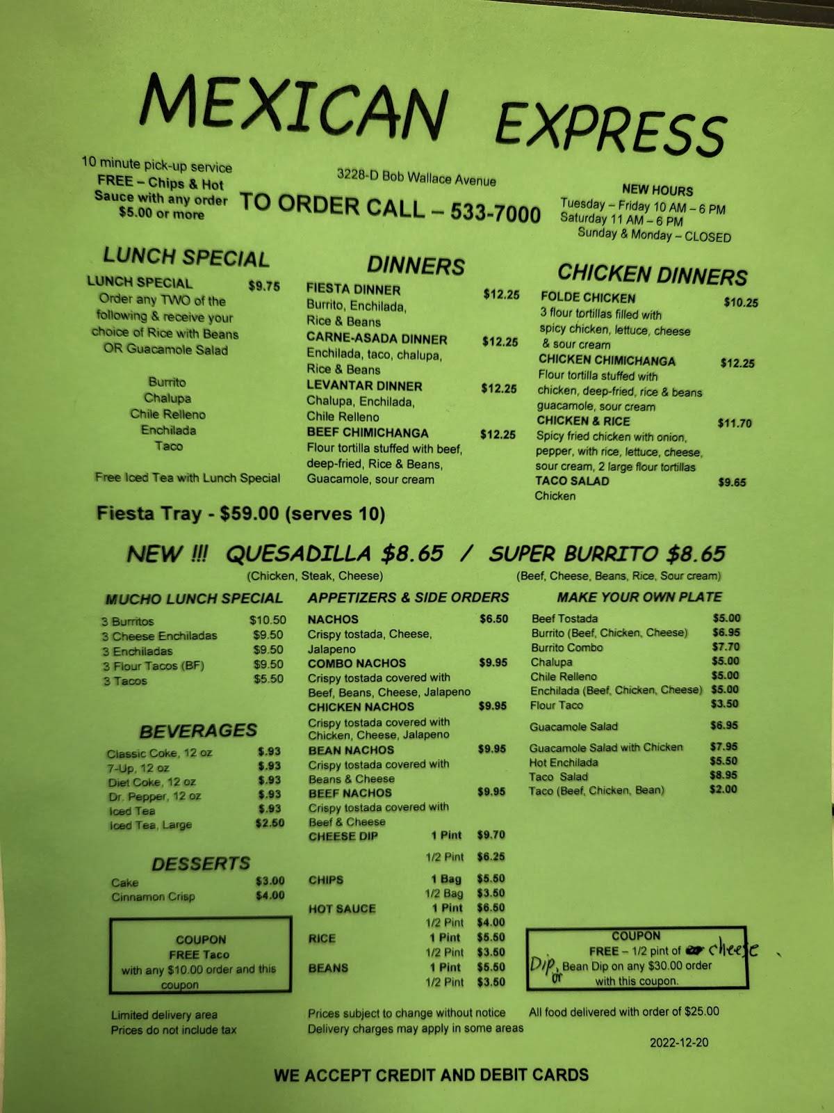 Menu at Mexican Express fast food, Huntsville, Bob Wallace Ave SW