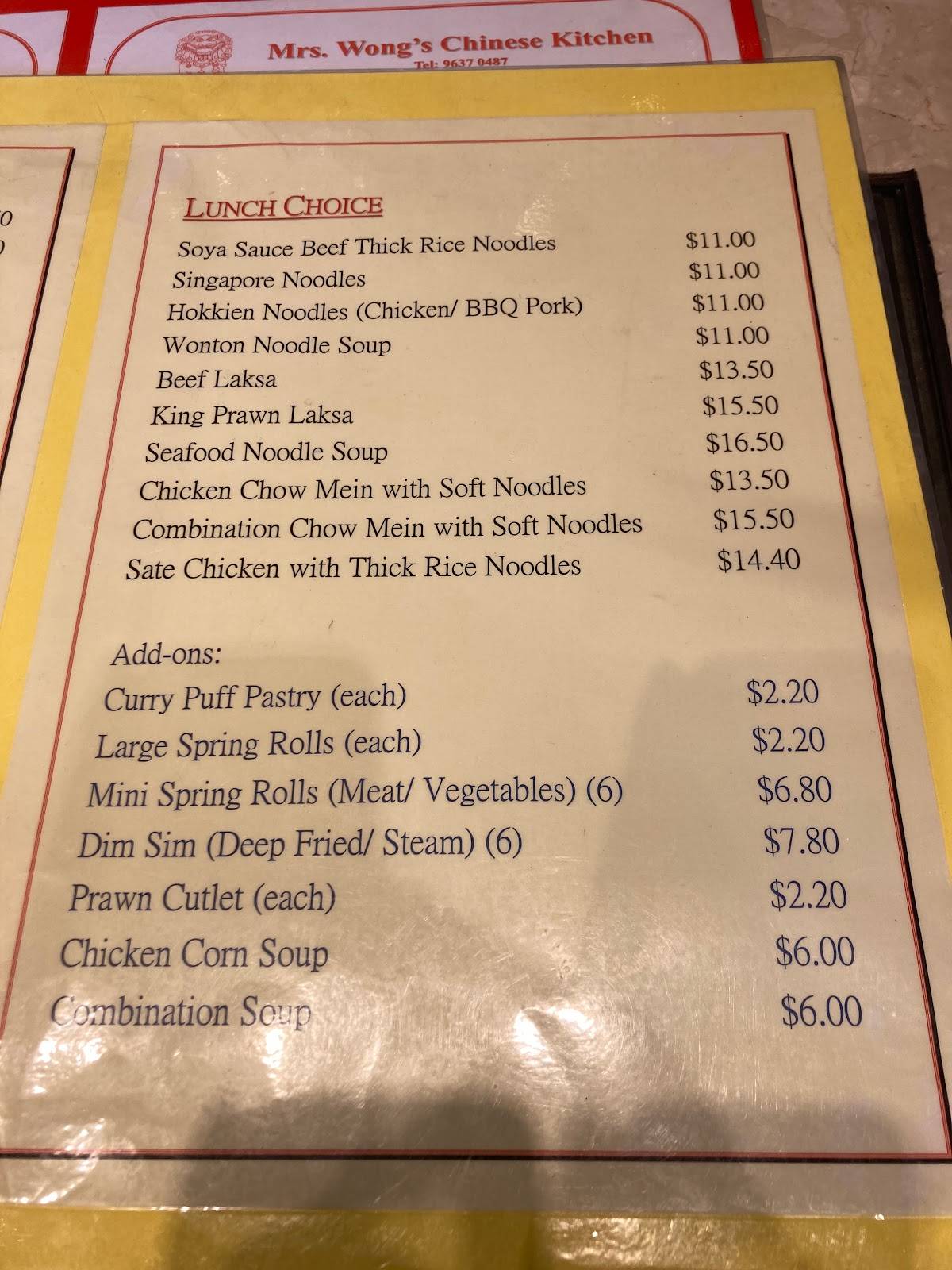 Menu at Mrs Wong's Chinese Kitchen fast food, Merrylands, McFarlane St