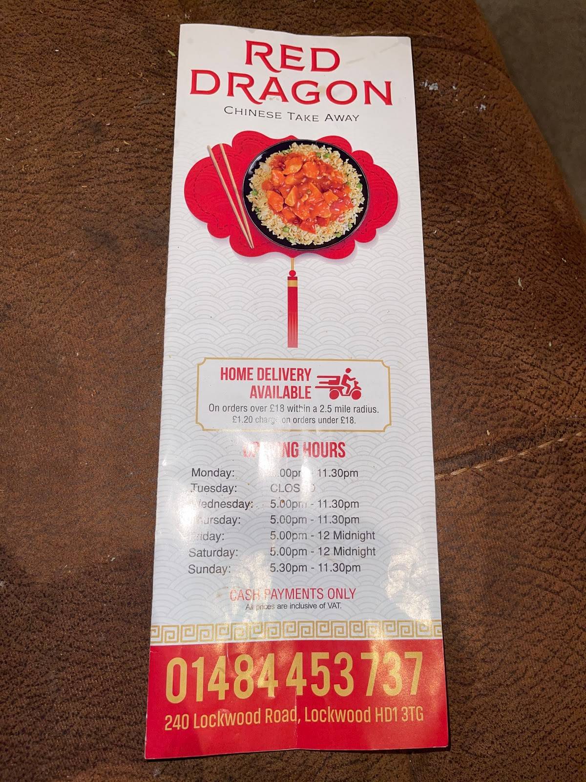 Menu at Red Dragon fast food, Huddersfield