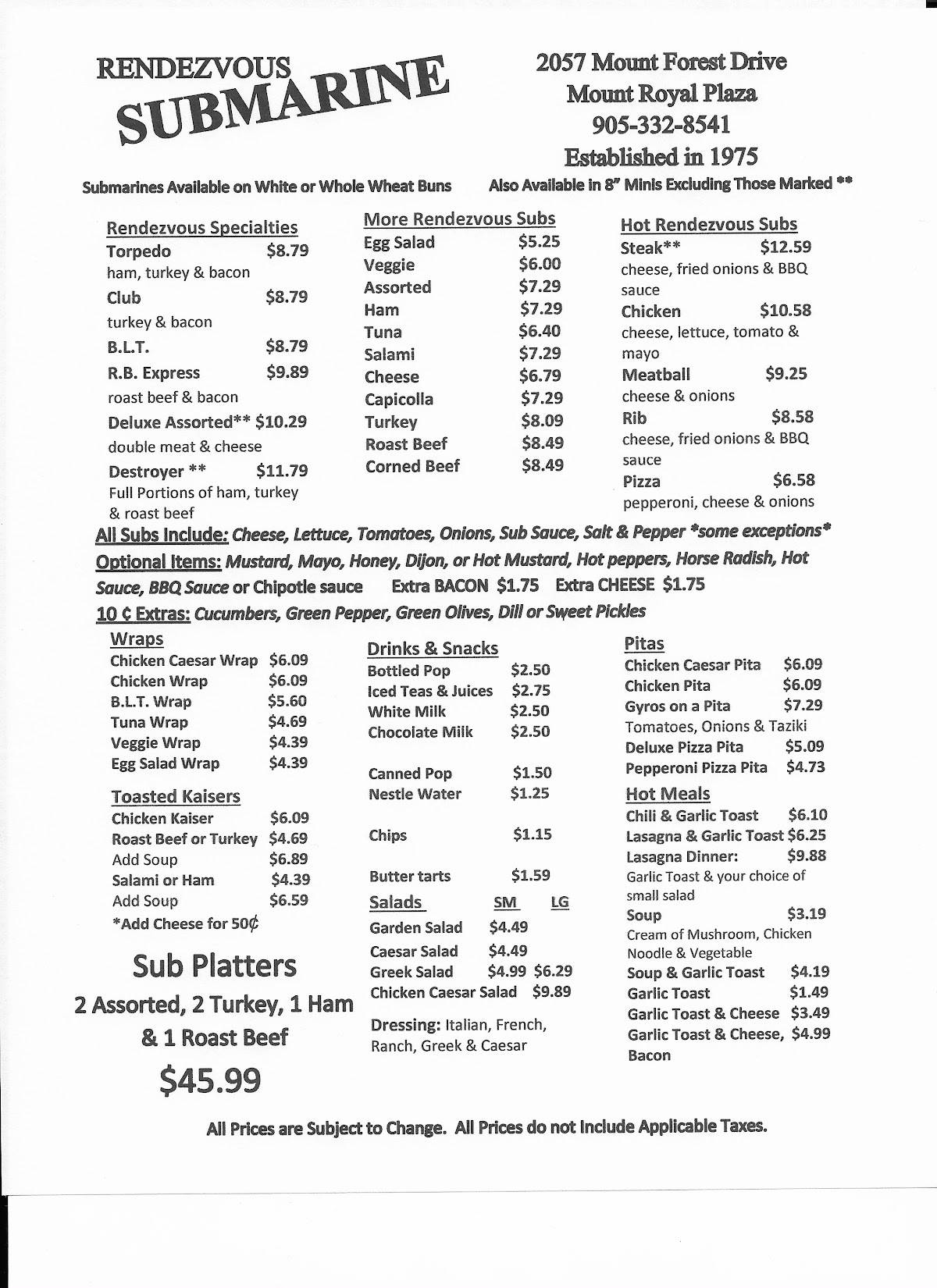 Menu at Rendezvous Submarine Shop fast food, Burlington