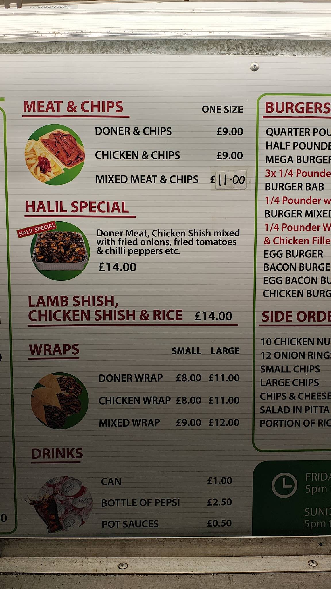 Menu at Smiley's Kebab fast food, Basingstoke