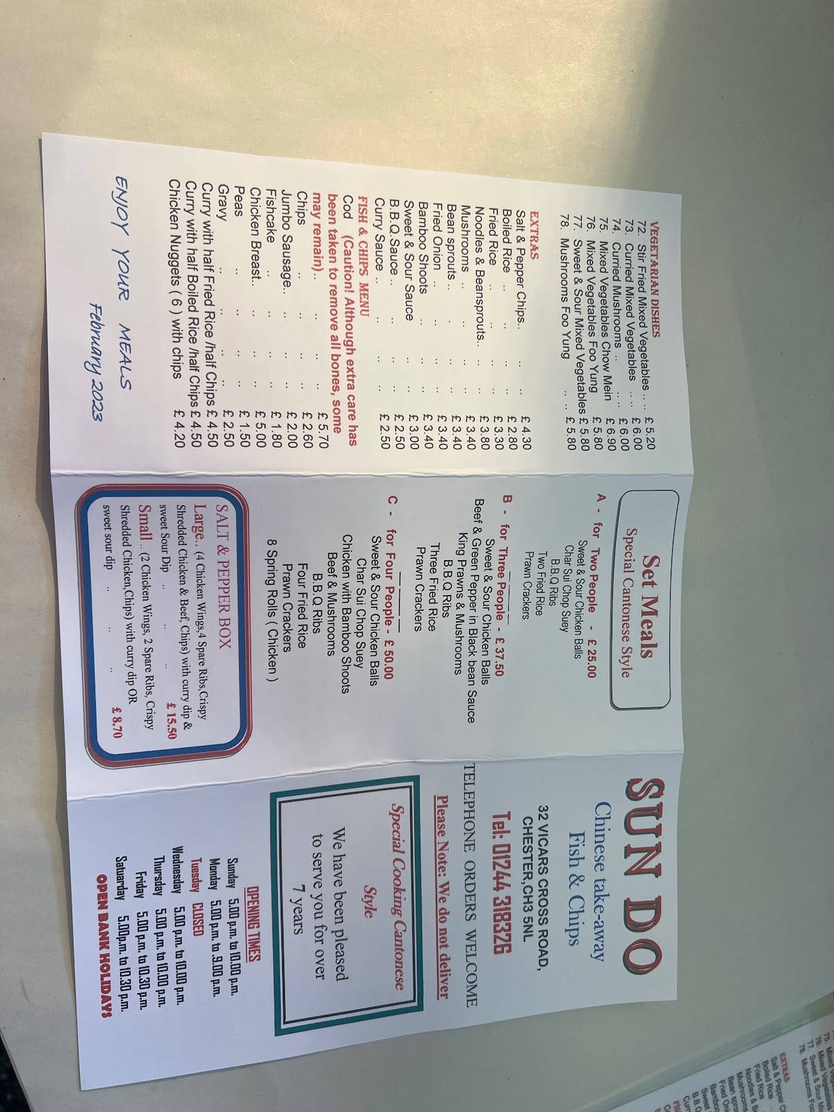 Menu at Sun Do Chinese Takeaway fast food, Chester