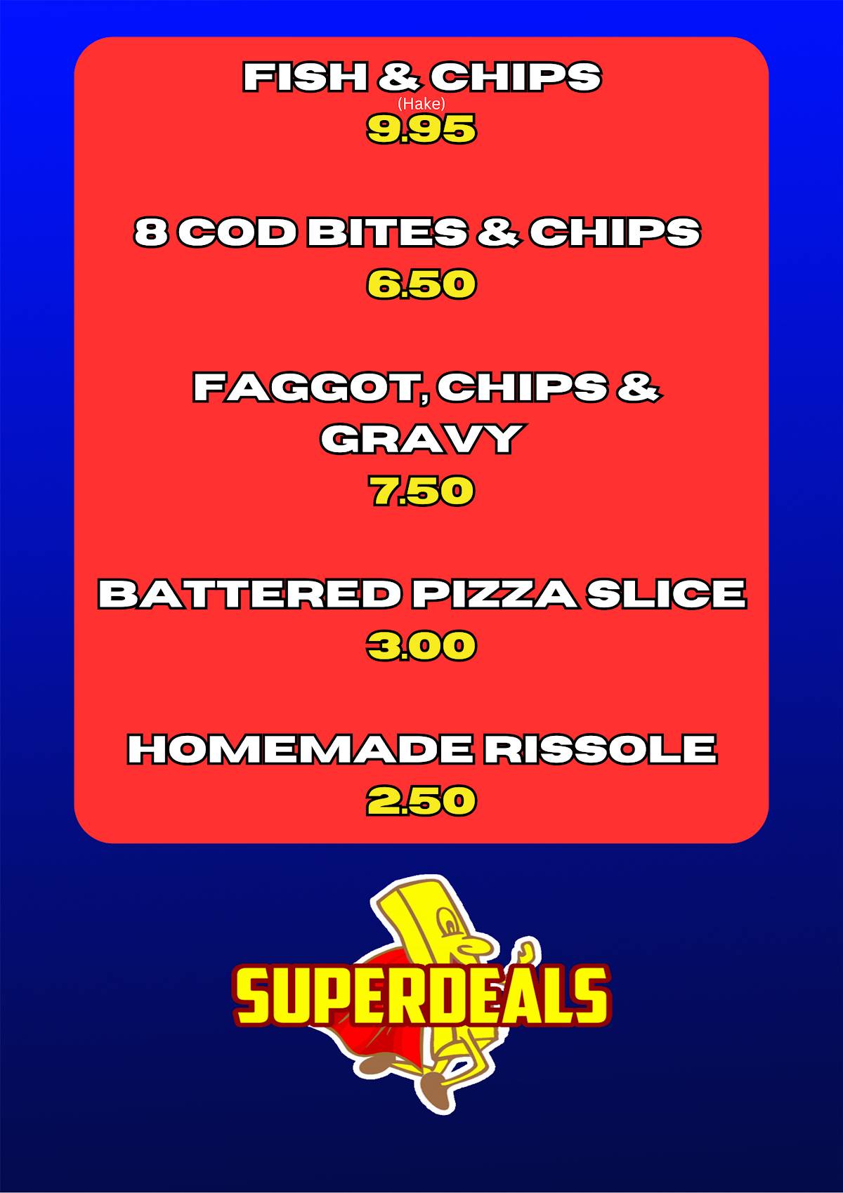 Menu at Superchips fast food, Burnham-on-Sea