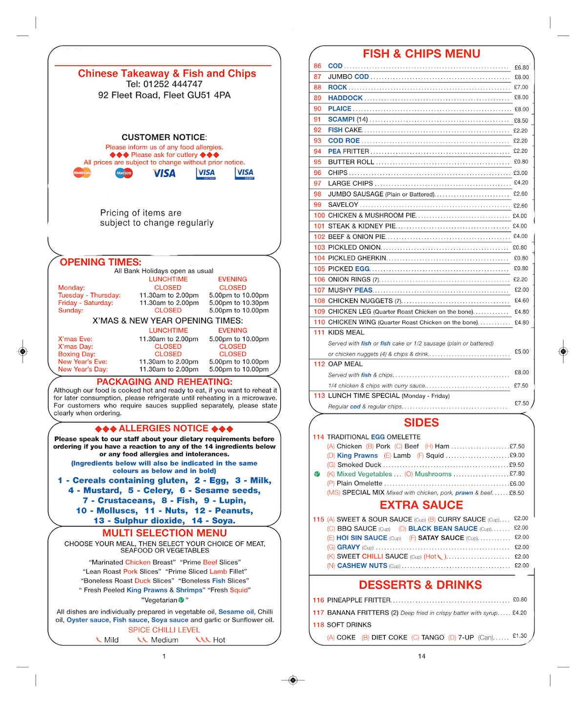 Menu at The Flying Fish Fleet fast food, Fleet