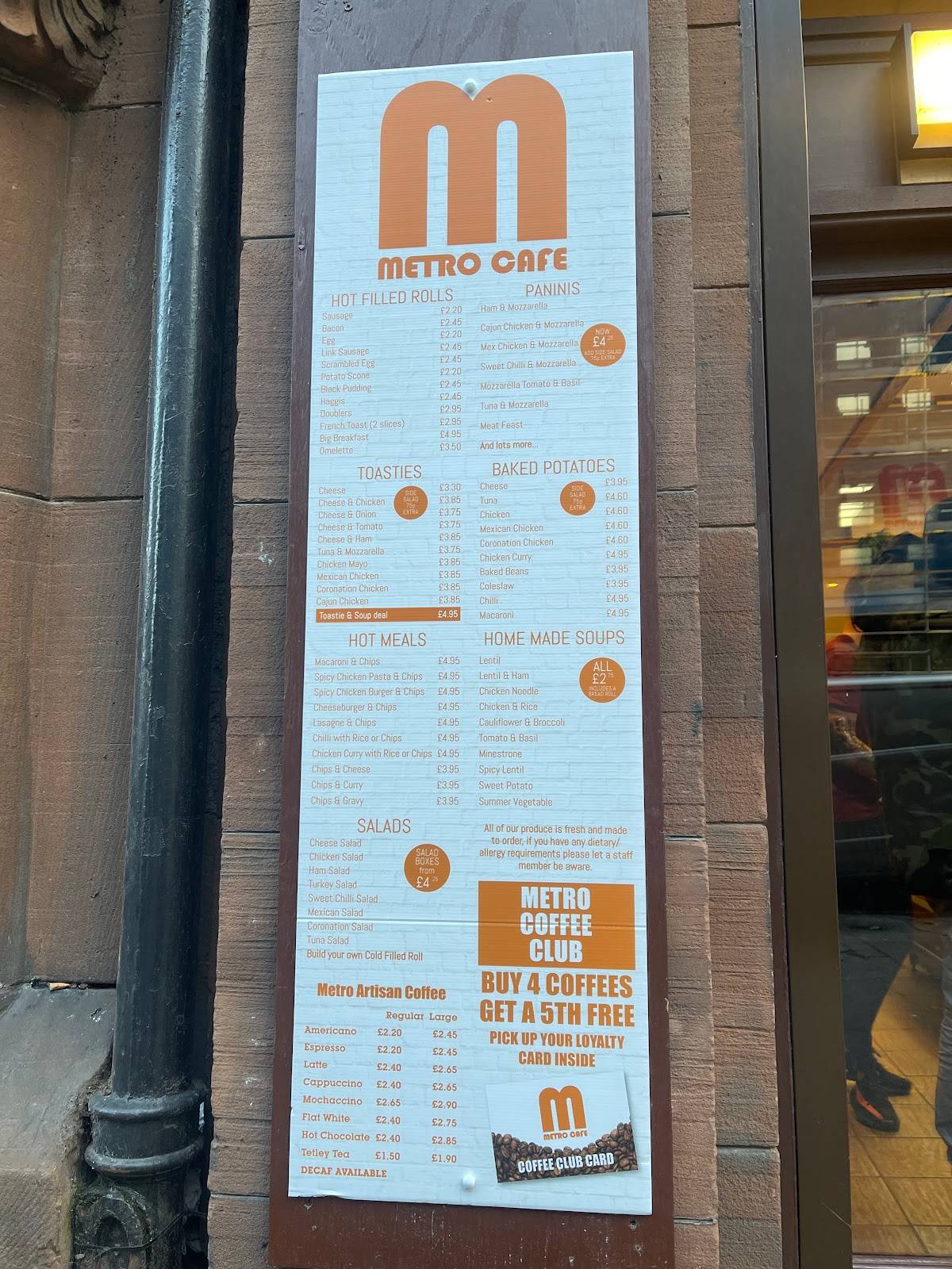 Menu at Metro Sandwich fast food, Glasgow, 73 Bothwell St