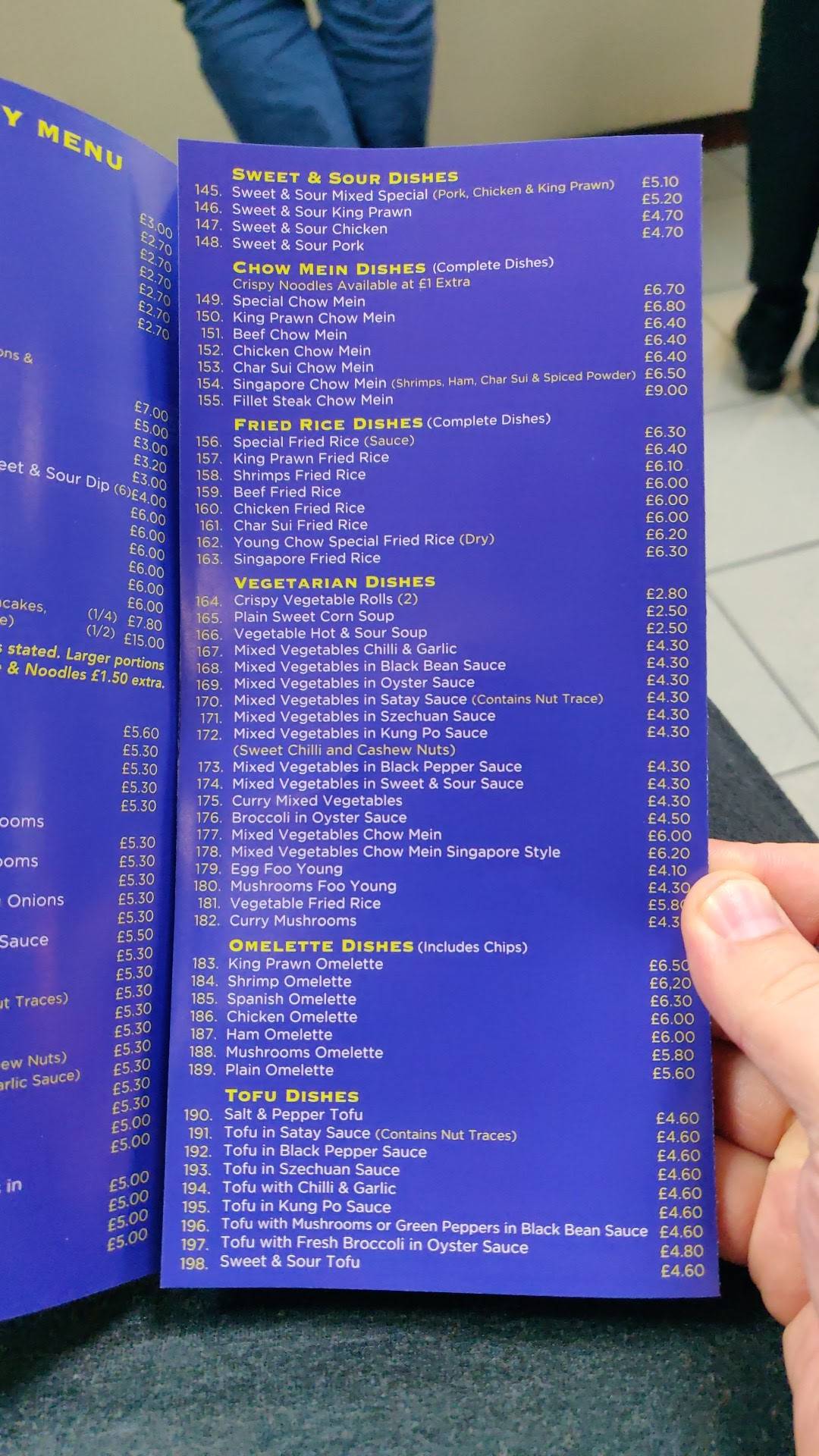 Menu at Treasure City fast food, Manchester