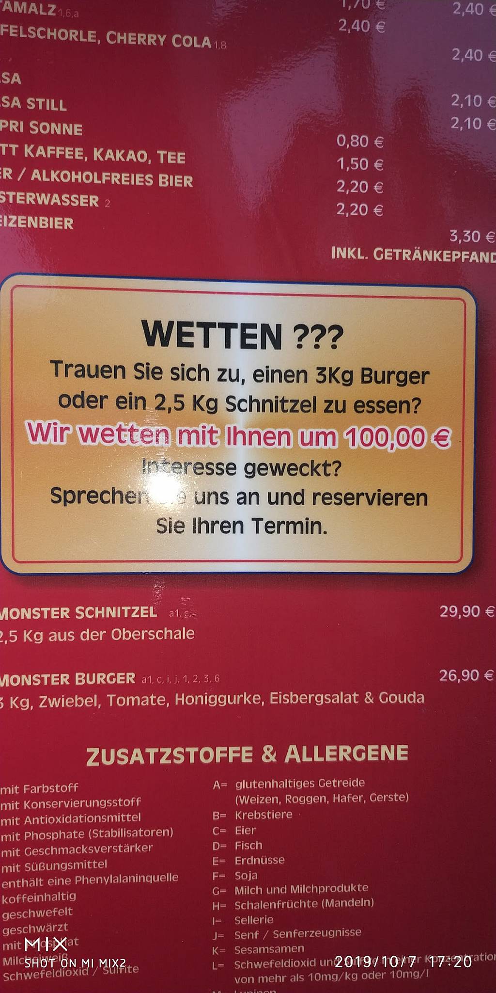 Speisekarte von XXL Essen und Trinken Bremerhaven fast Food, Bremerhaven