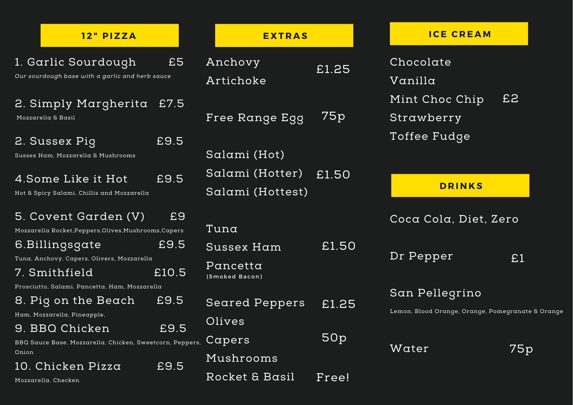 Carta de pizzería Fat Bobs Thin Crust, Ashtead