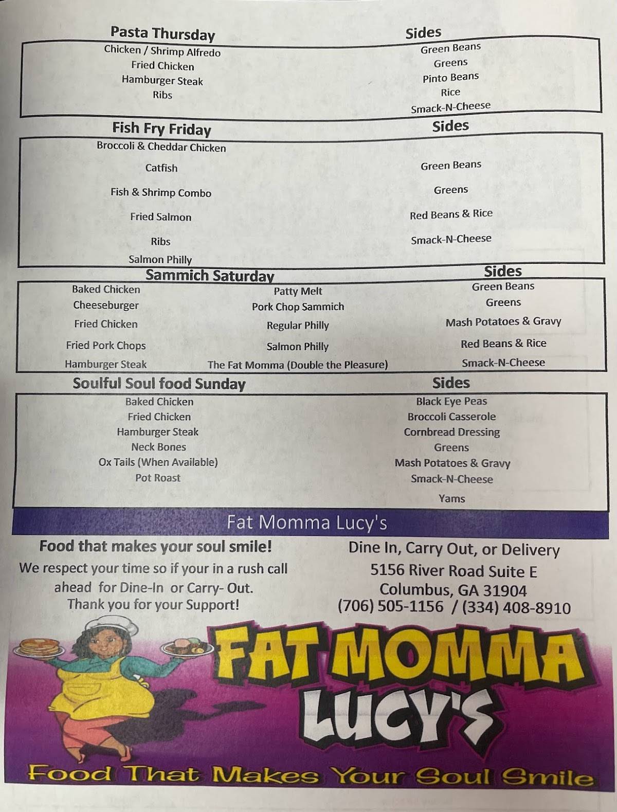 Menu at Fat Momma Lucy's restaurant, Phenix City