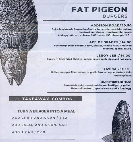 Menu at Fat Pigeon cafe, Marrickville