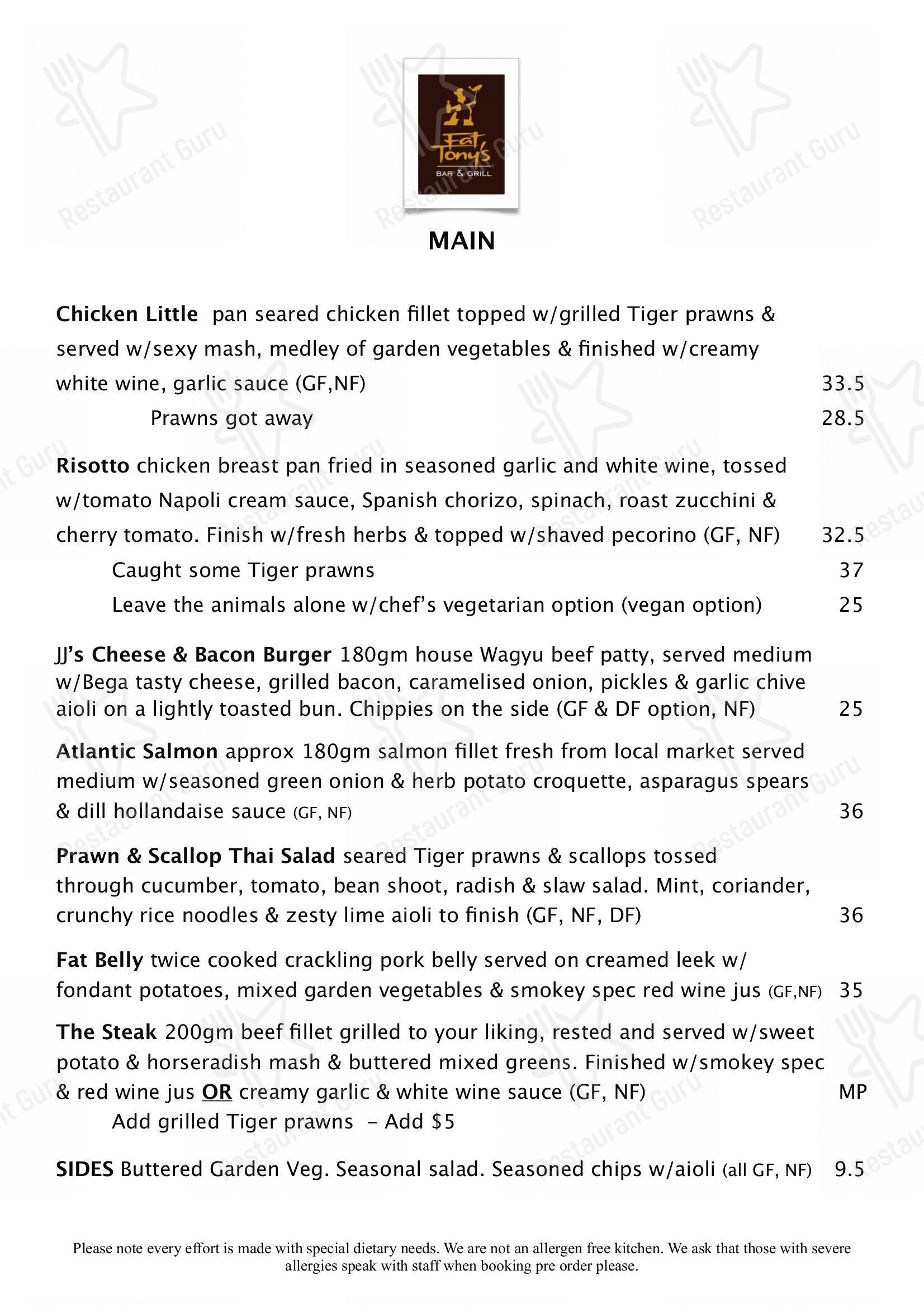 Menu at Fat Tony's Bar & Grill, Tathra