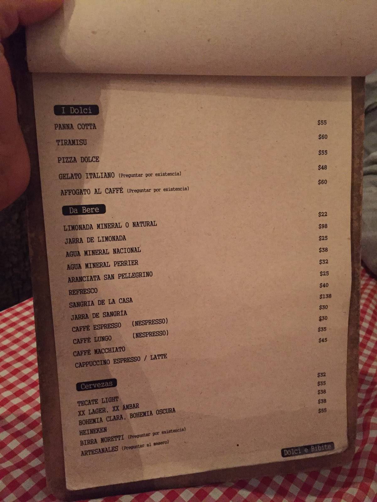 Carta del restaurante Fatto con Amore, Guadalajara
