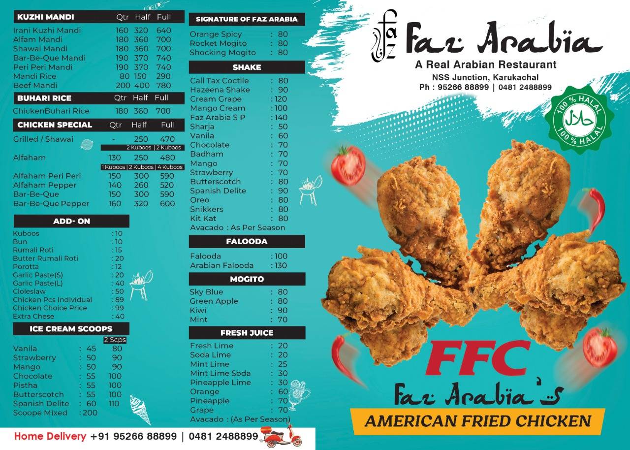 Menu at Faz Arabia - A Real arabian Restaurant & Bakery - Karukachal ...