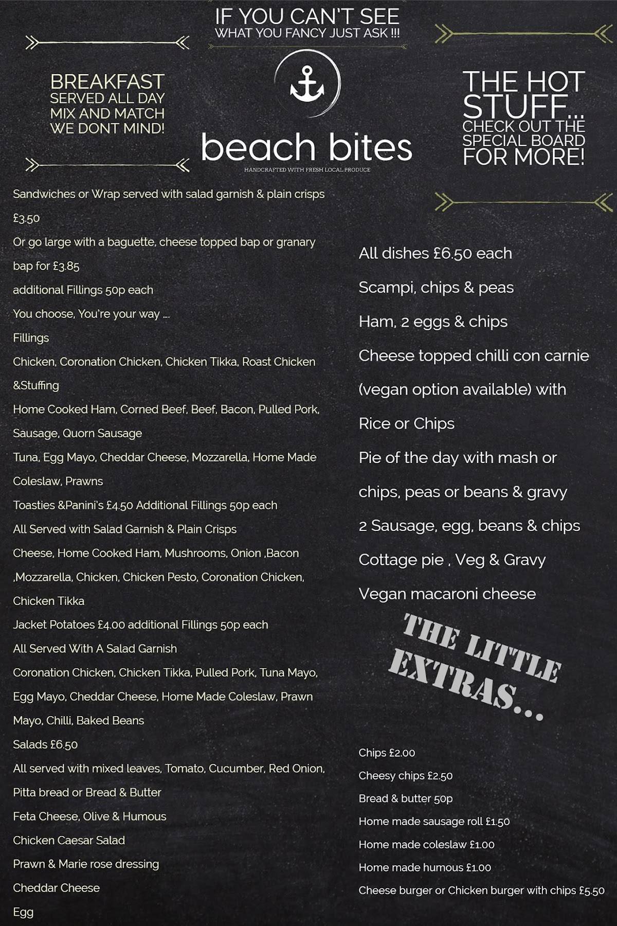 Menu at Beach Bites cafe, Felixstowe