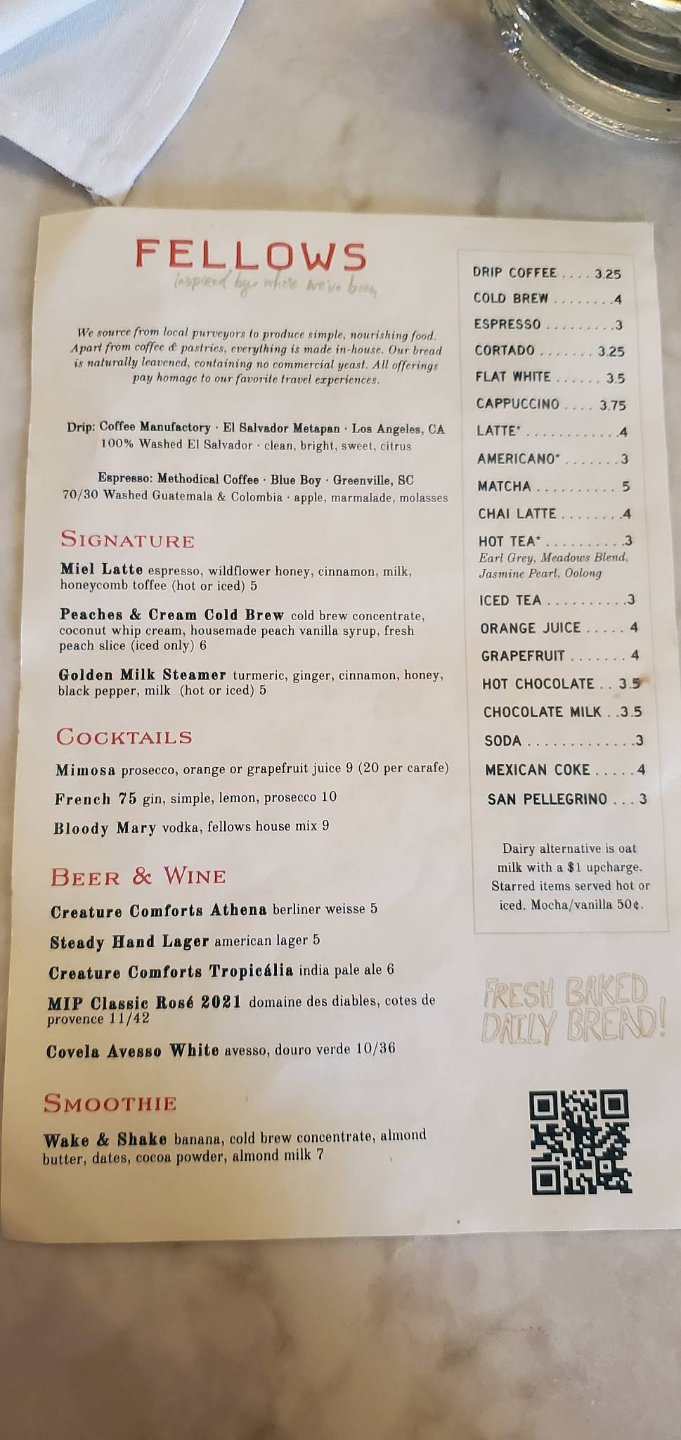Menu at Fellows Cafe, Roswell