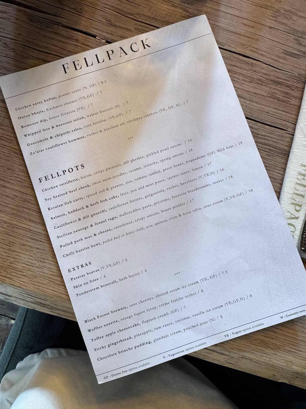 Menu at Fellpack restaurant, Keswick