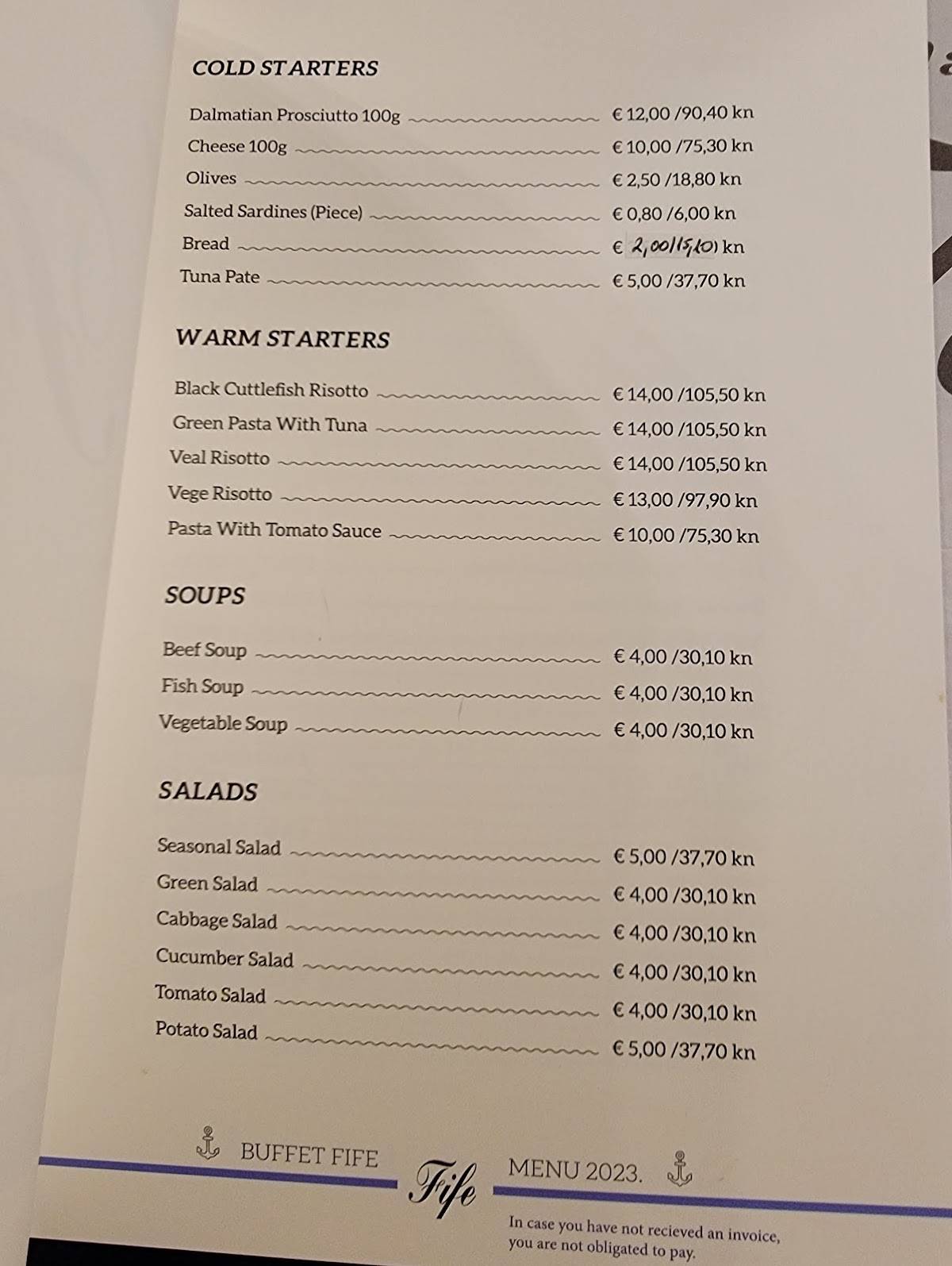 Menu at Fife restaurant, Split
