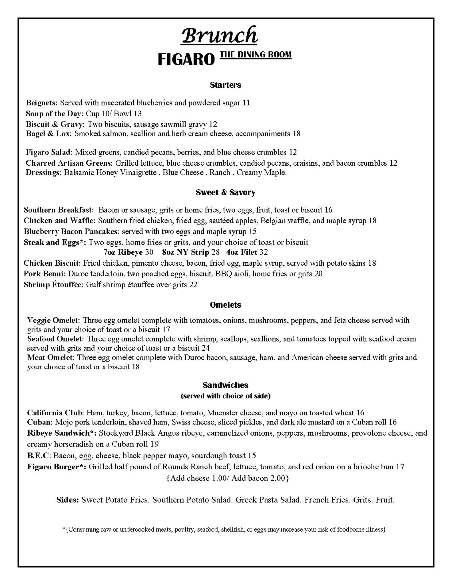 Menu at Figaro The Dining Room restaurant, Newberry