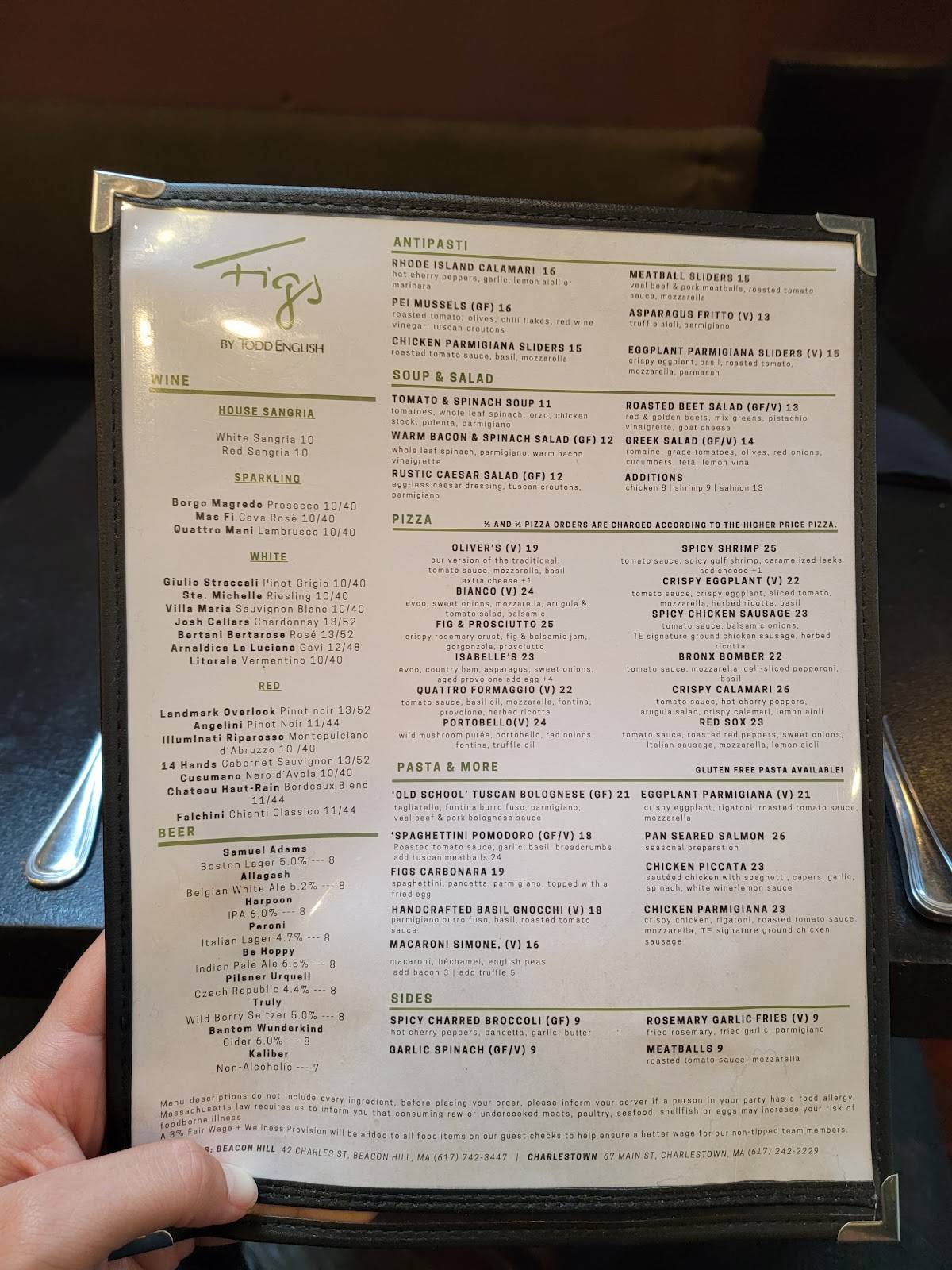Menu at Figs by Todd English pizzeria, Boston, 67 Main St