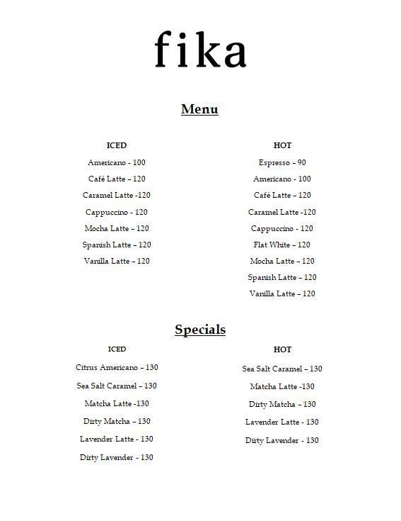 Menu at Fika Coffee - Buhangin cafe, Davao City