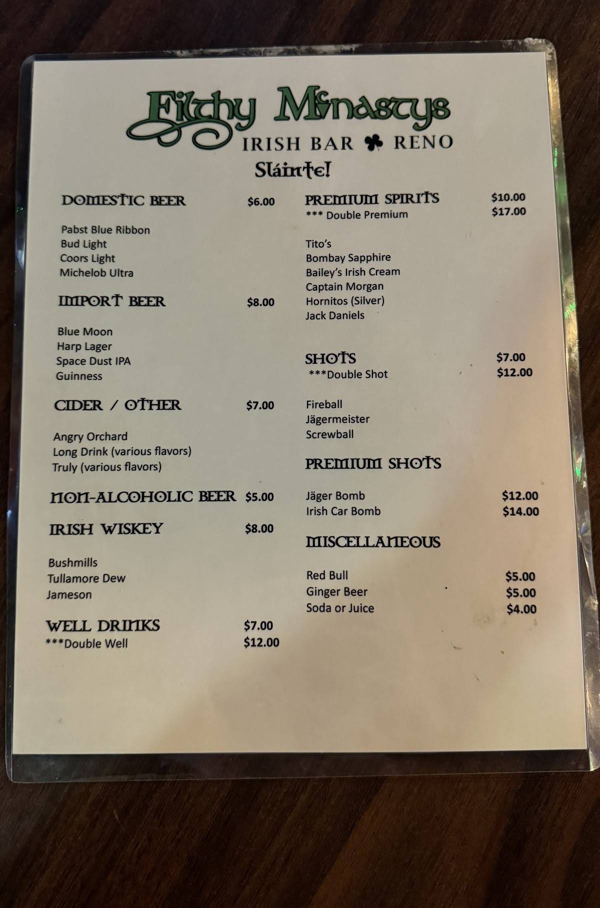 Menu at Filthy Mcnasty's Irish Bar, Reno