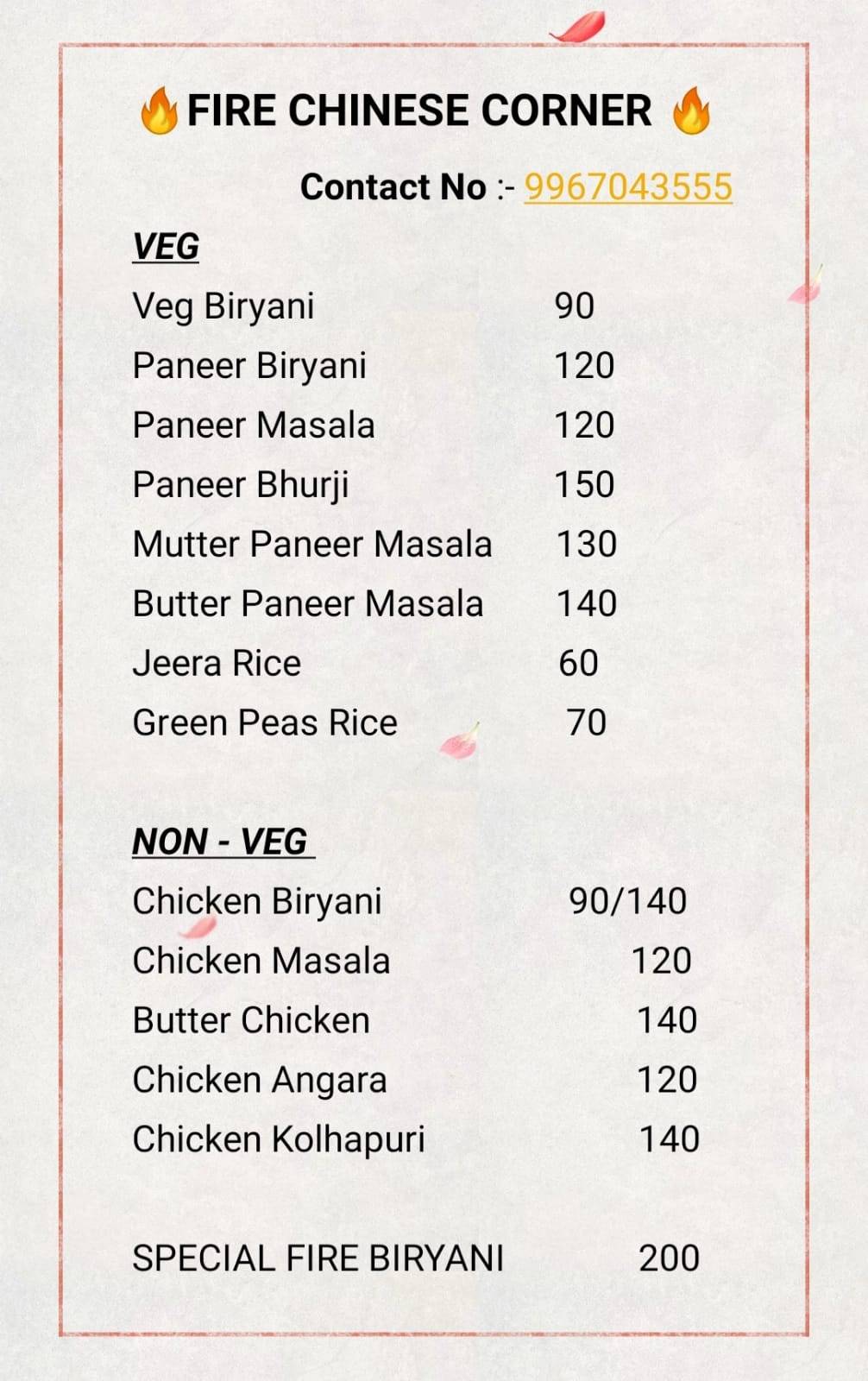Menu at Fire Chinese Corner, Mumbai