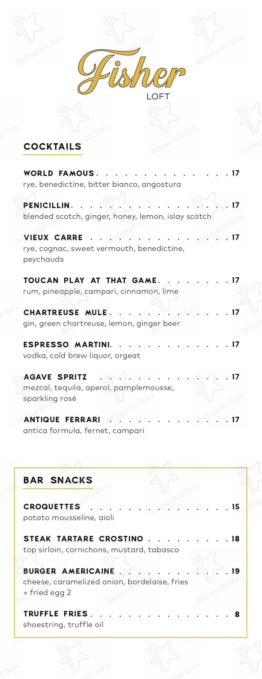 Carta del pub y bar Fisher Loft at the Palihotel San Francisco, San ...