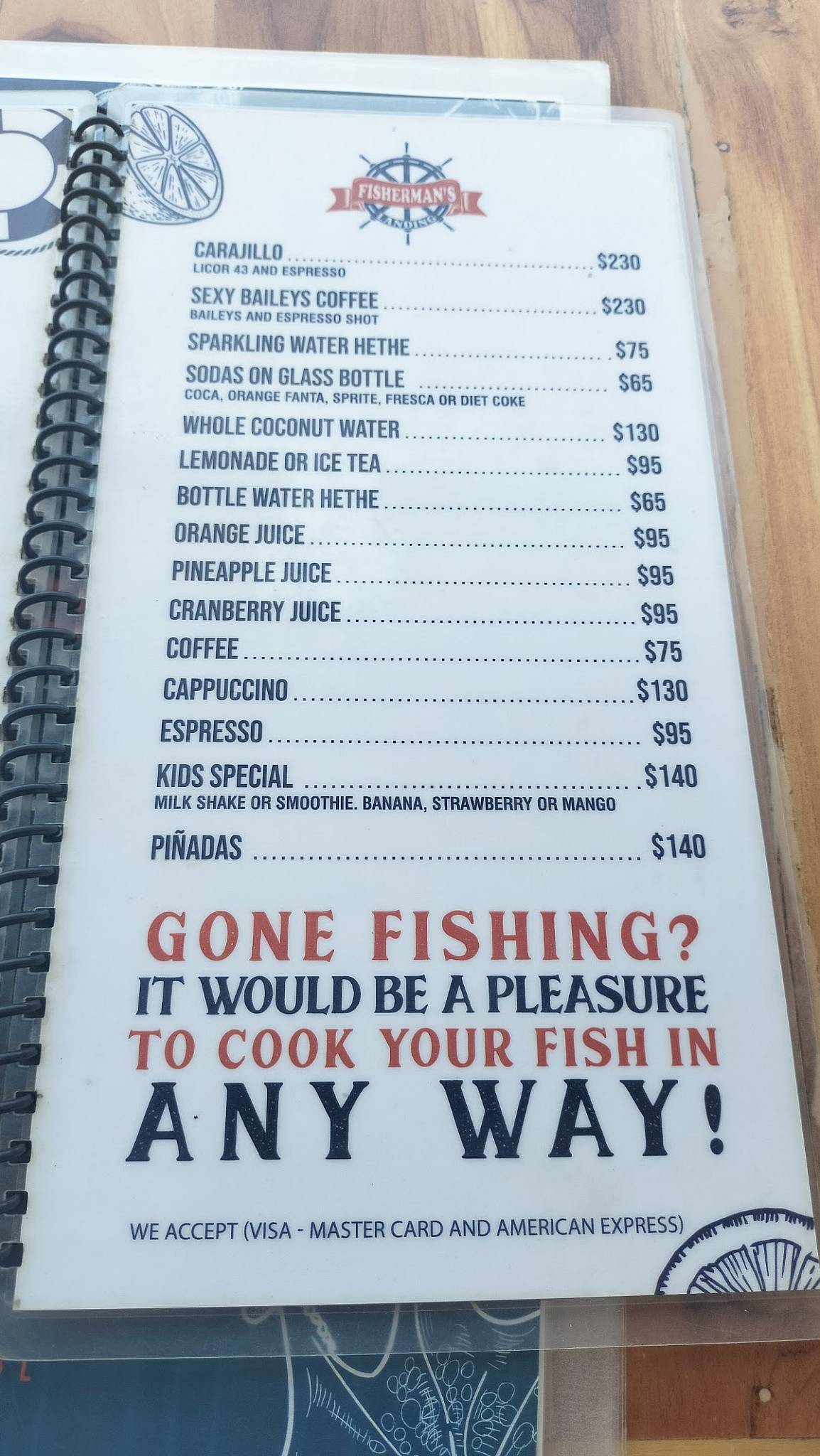 Menu at Fisherman’s Landing restaurant, Cabo San Lucas