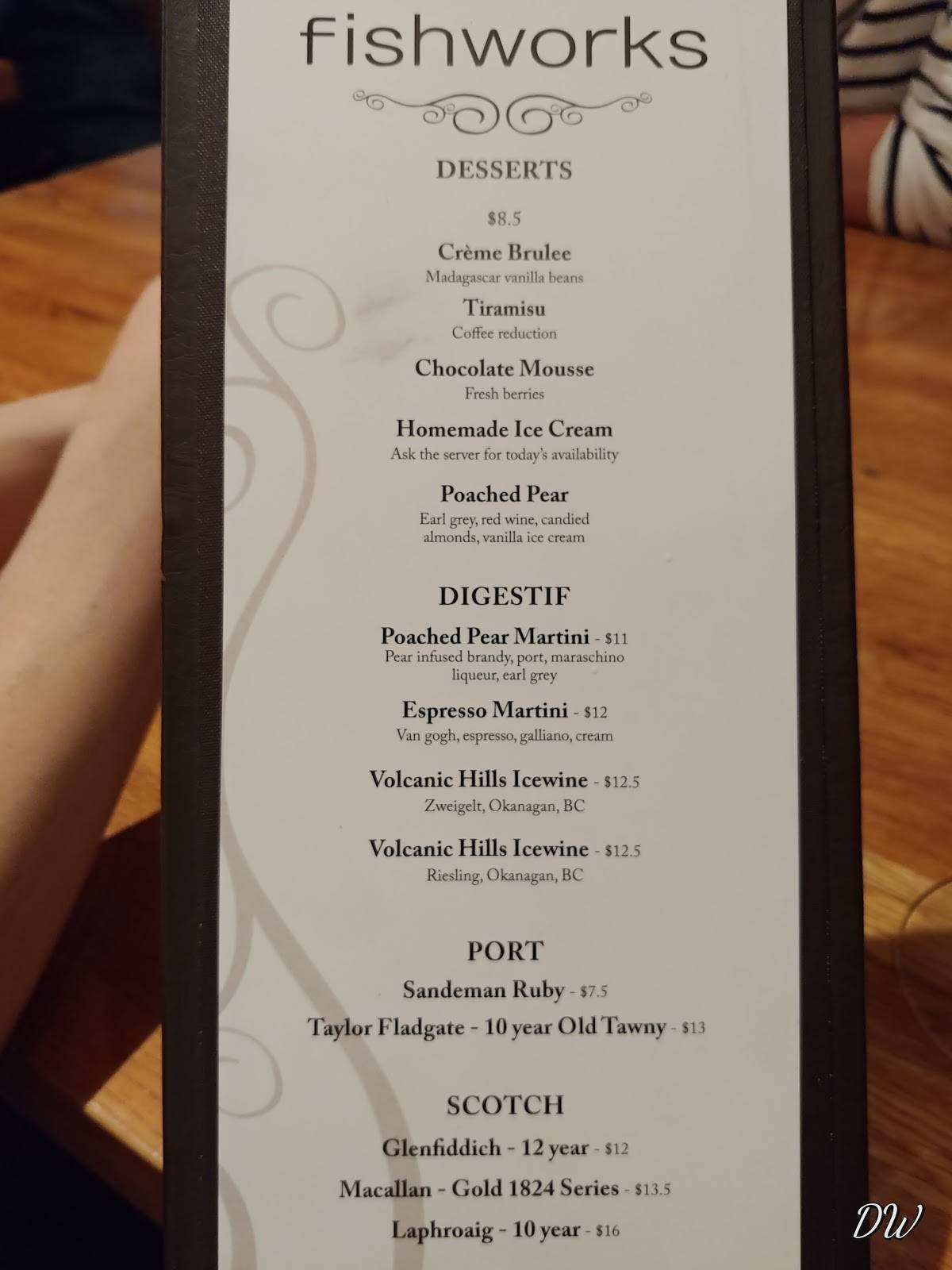 Menu at Fishworks restaurant, North Vancouver